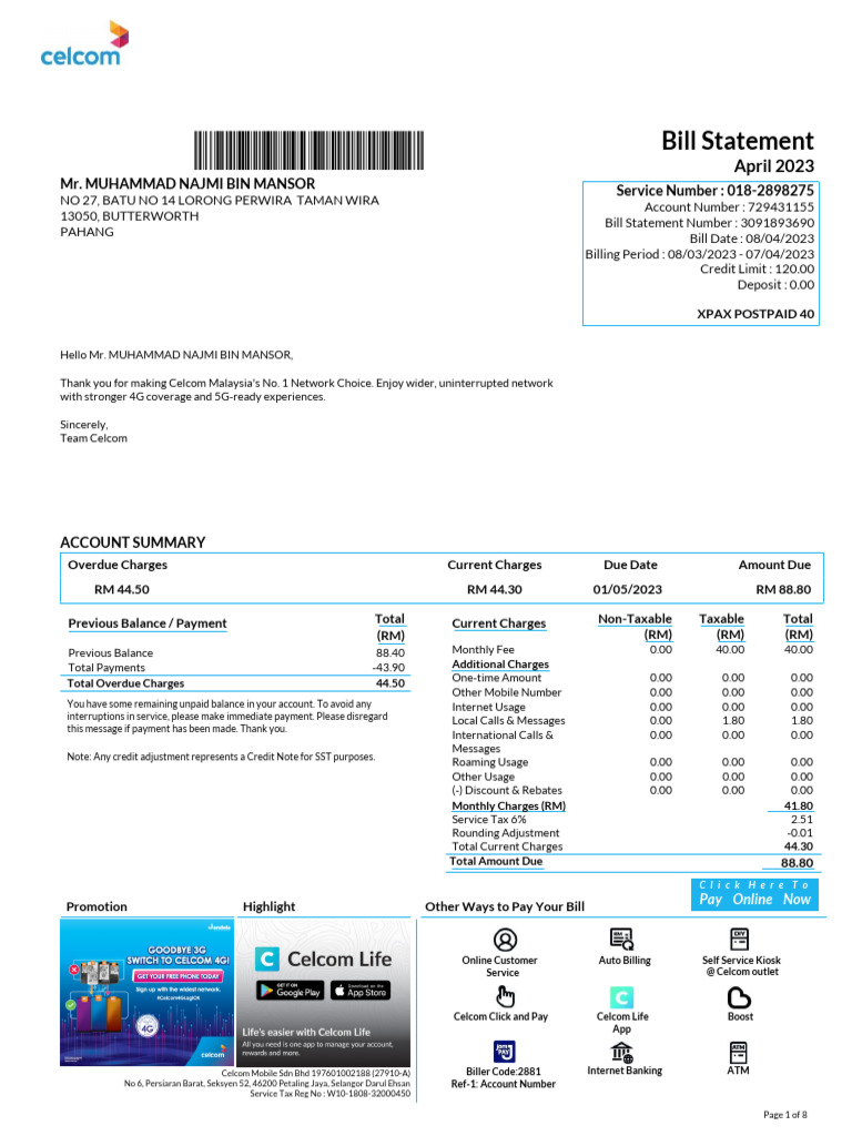 Celcom Bill April 2023 | PDF | Credit Card | Payments