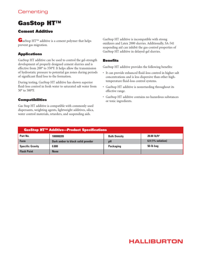 Halliburton - GasStop HT | PDF | Cement | Water