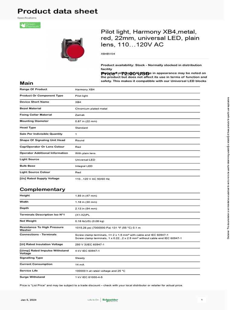 Schneider Electric - Harmony-XB4-ZB4-Metal-Push-Buttons - XB4BVG4 | PDF ...