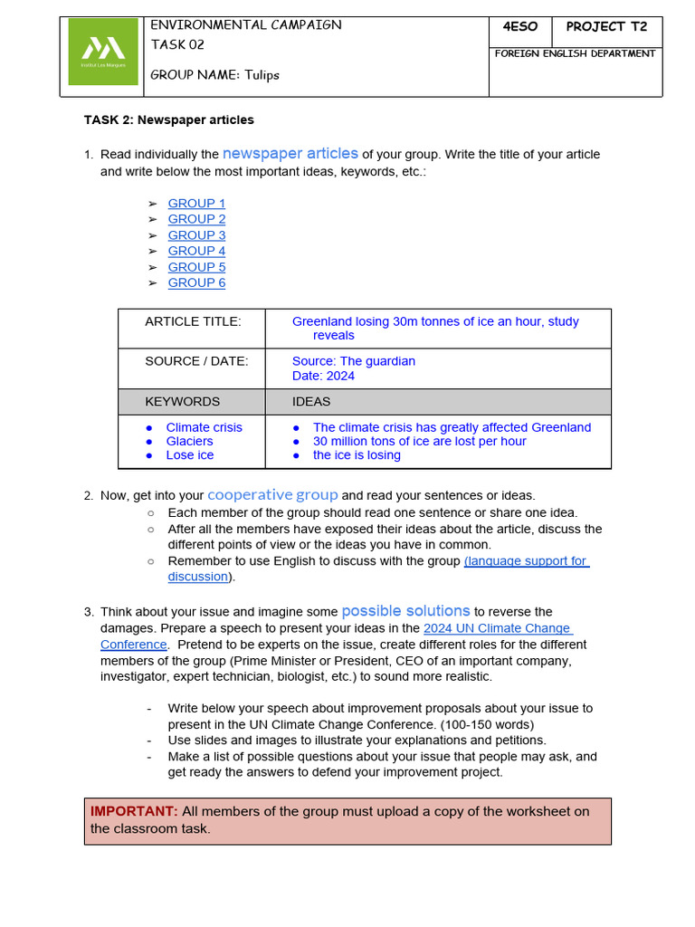 Pau Codina Erra - 4ESO - PROJ T2 - TASK 02 - Newspaper Articles | Download Free PDF | Climate ...