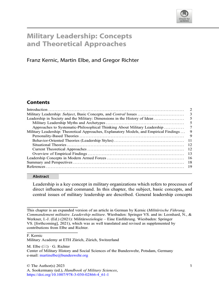 Military Leadership: Concepts and Theoretical Approaches: Franz Kernic ...