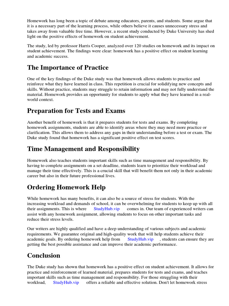 Homework Has Positive Effect On Student Achievement Duke Study | PDF ...