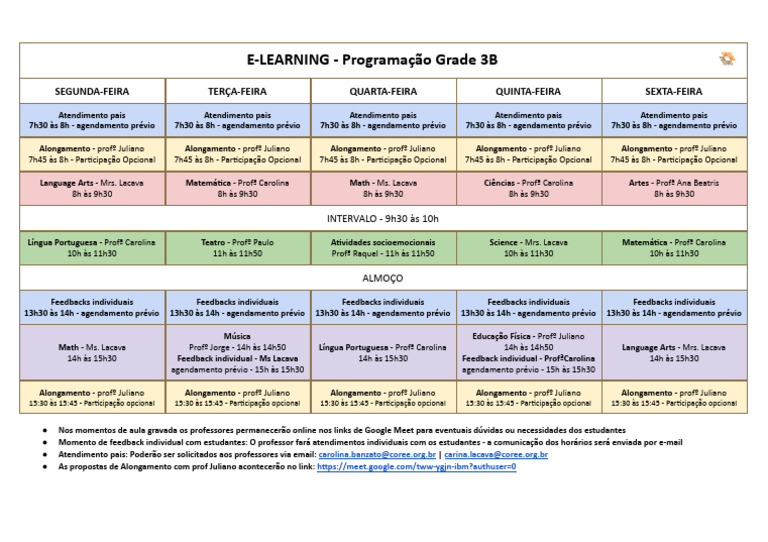 2º Tri - E-Learning - HORÁRIO ELEMENTARY 2020 G3B | PDF | Artes ...