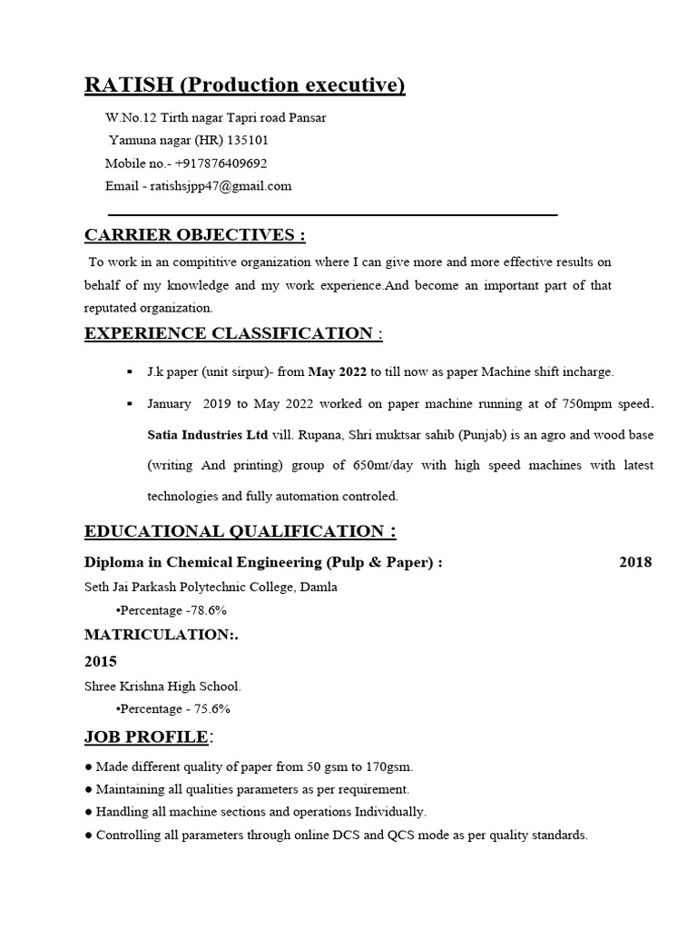 Production Executive Resume - Ratish | PDF | Career & Growth | Business
