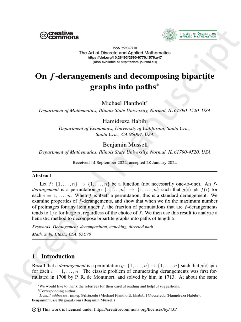 On F-Derangements and Decomposing Bipartite Graphs | PDF | Function (Mathematics) | Mathematical ...