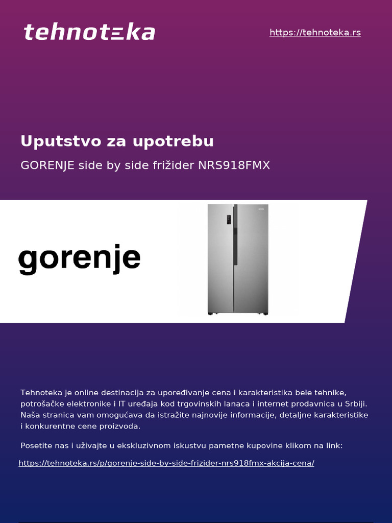 Uputstvo Za Upotrebu Gorenje Side by Side Frizider nrs918fmx ...