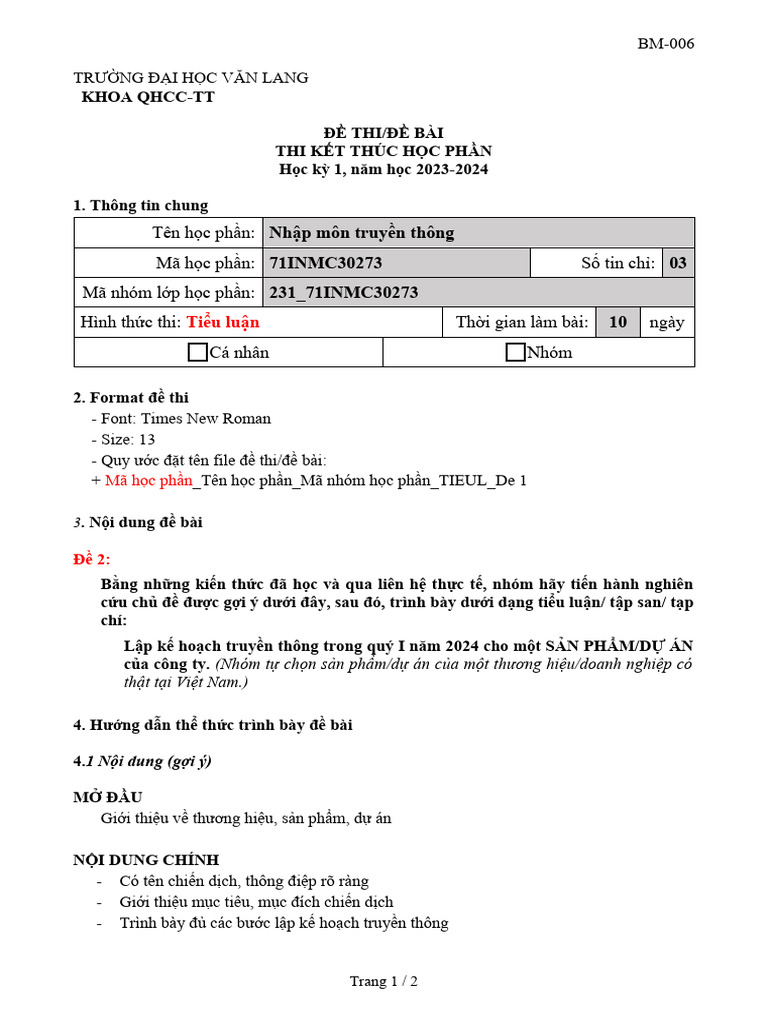 Huong Dan Lam Bai Cuoi Ky Mon Nhap Mon Truyen Thong | PDF