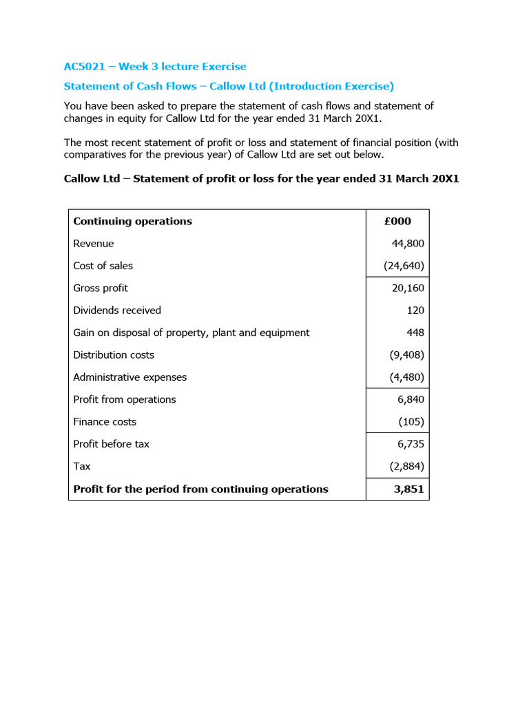 Statement of CF - Callow LTD - Introduction Level Exercise | PDF | Equity (Finance) | Dividend