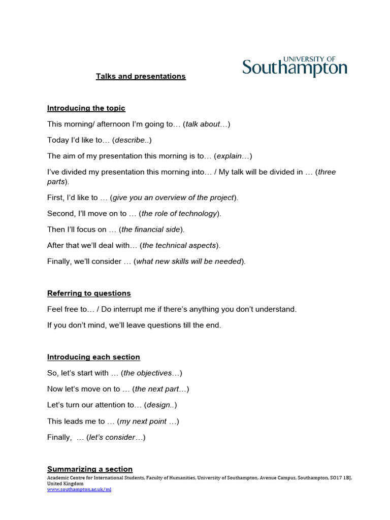 Talks and Presentations Useful Signposting Language | PDF