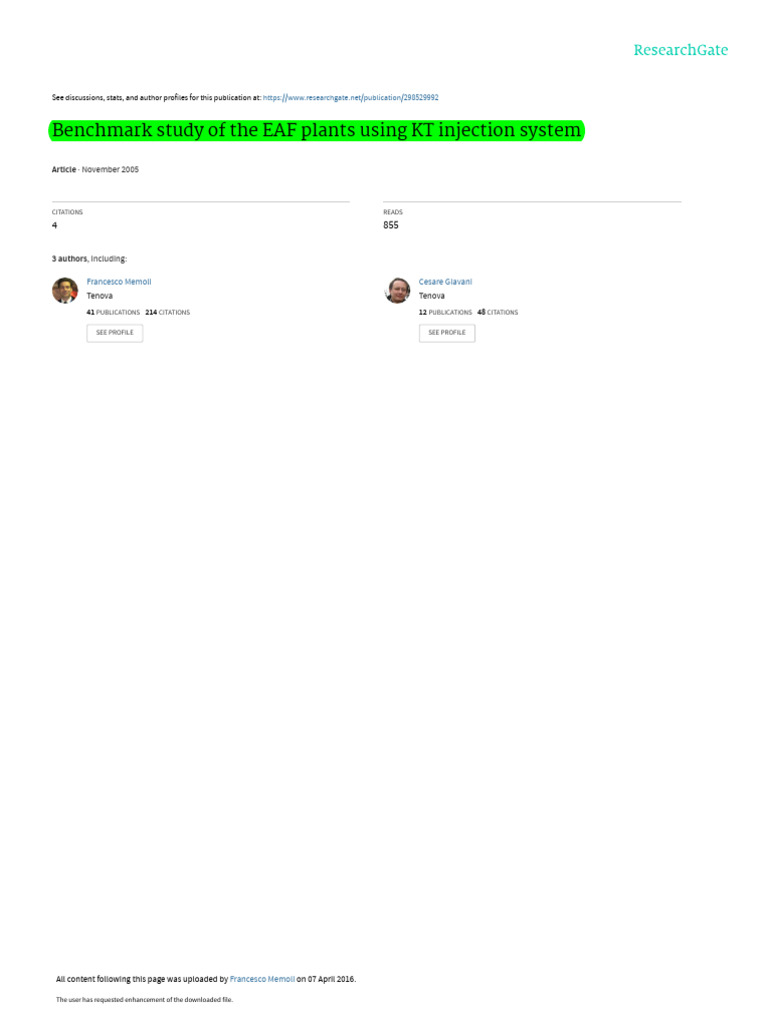 Benchmark Study of The EAF Plants Using KT Injection System | PDF ...