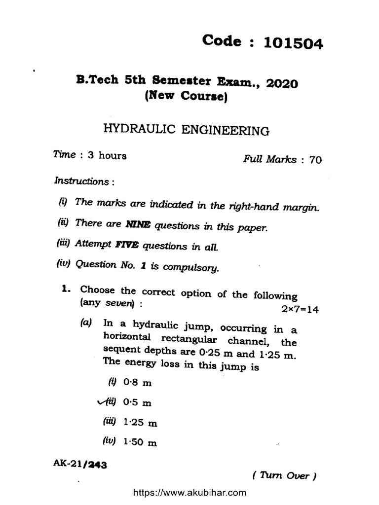 Btech Ce 5 Sem Hydraulic Engineering 101504 2020 | PDF
