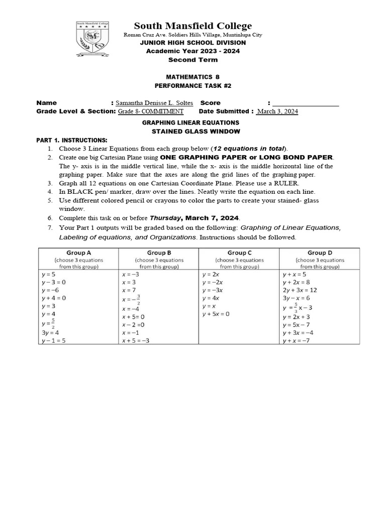 Math 8 PT #2 - Stained Glass Window - Graphing Linear Equations (TERM 2 ...