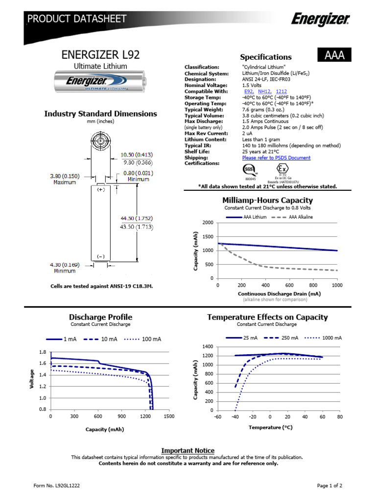 Energizer L92: Product Datasheet | Download Free PDF | Electrical ...