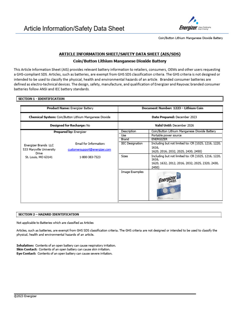 Energizer CR2032 Battery Safety Data Sheet | PDF | Safety ...