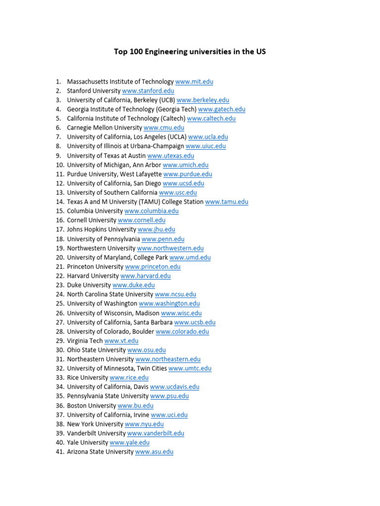 Top 100 US Engineering Universities | PDF | Academic Institutions