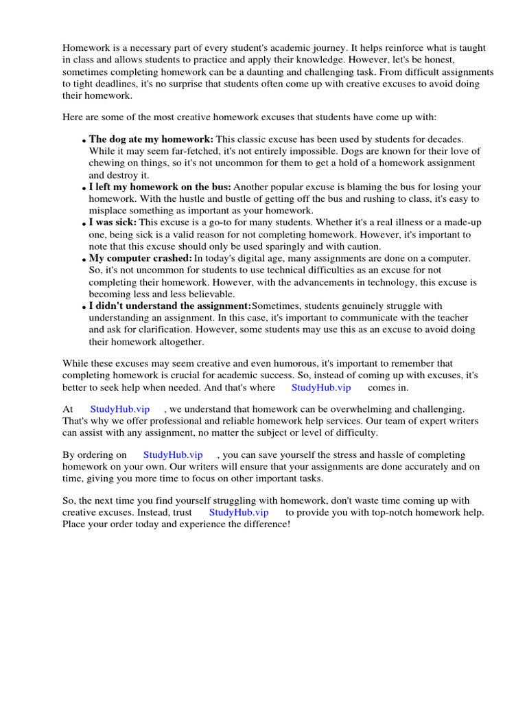Most Creative Homework Excuses | PDF | Homework | Essays