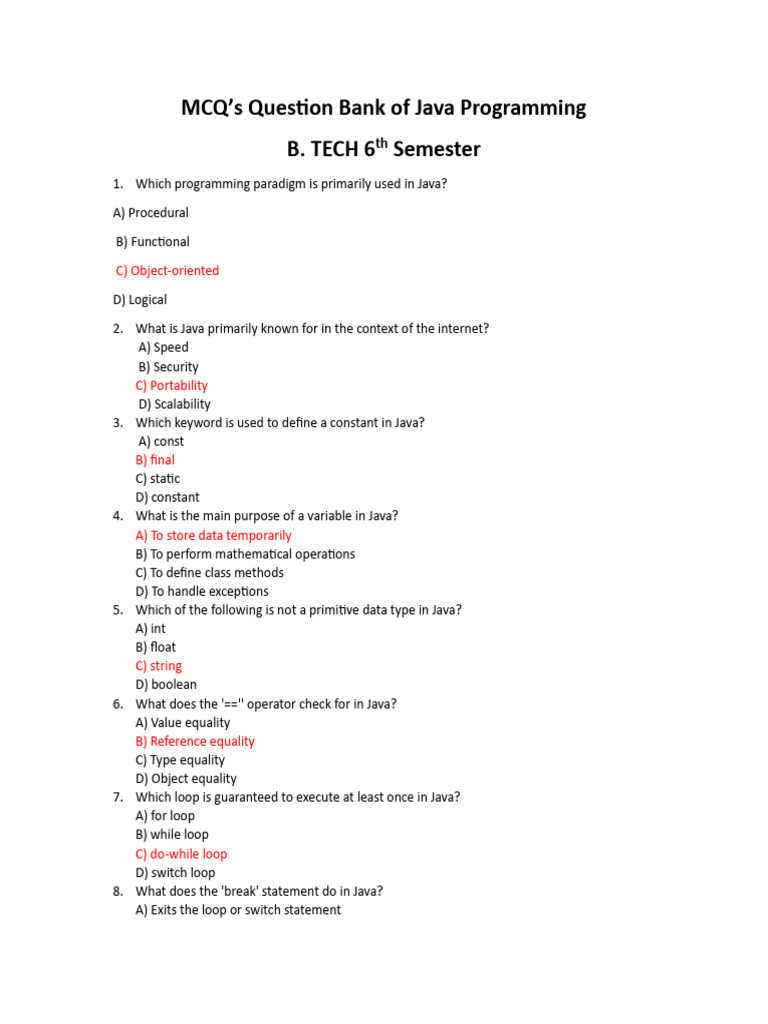Mcq Bank Java Programming Pdf Inheritance Object Oriented Programming Method Computer
