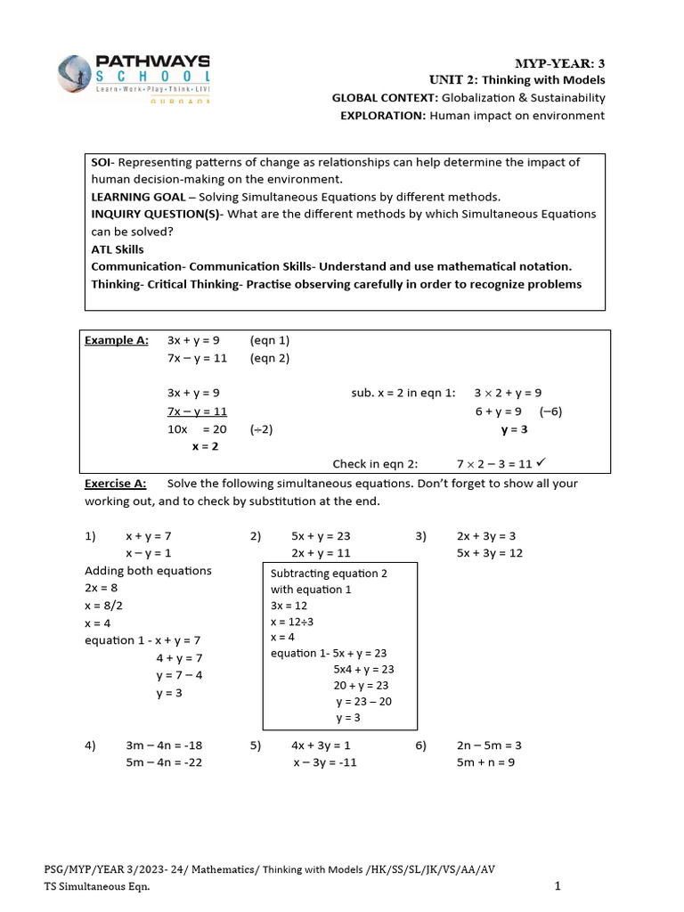 Tasksheet Simultaneous equations | PDF | Equations | Cognition