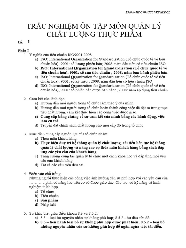 (123doc) - Trac-Nghiem-On-Tap-Mon-Quan-Ly-Chat-Luong-Thuc-Pham-Co-Dap-An | PDF