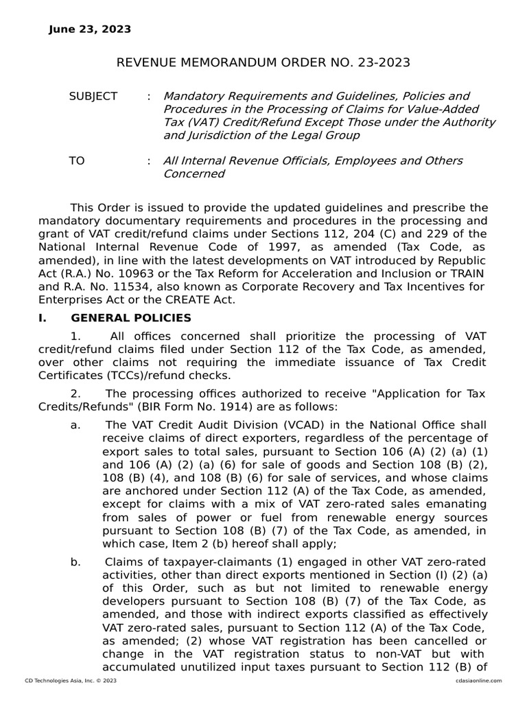 RMO 23 2023 - VAT Refund | PDF | Value Added Tax | Tax Refund