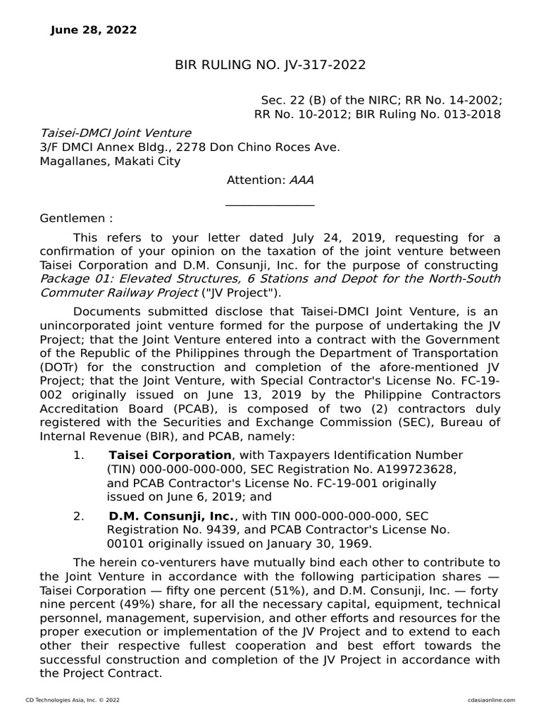 Tax Ruling on Taisei-DMCI Joint Venture | PDF | Joint Venture | Taxes