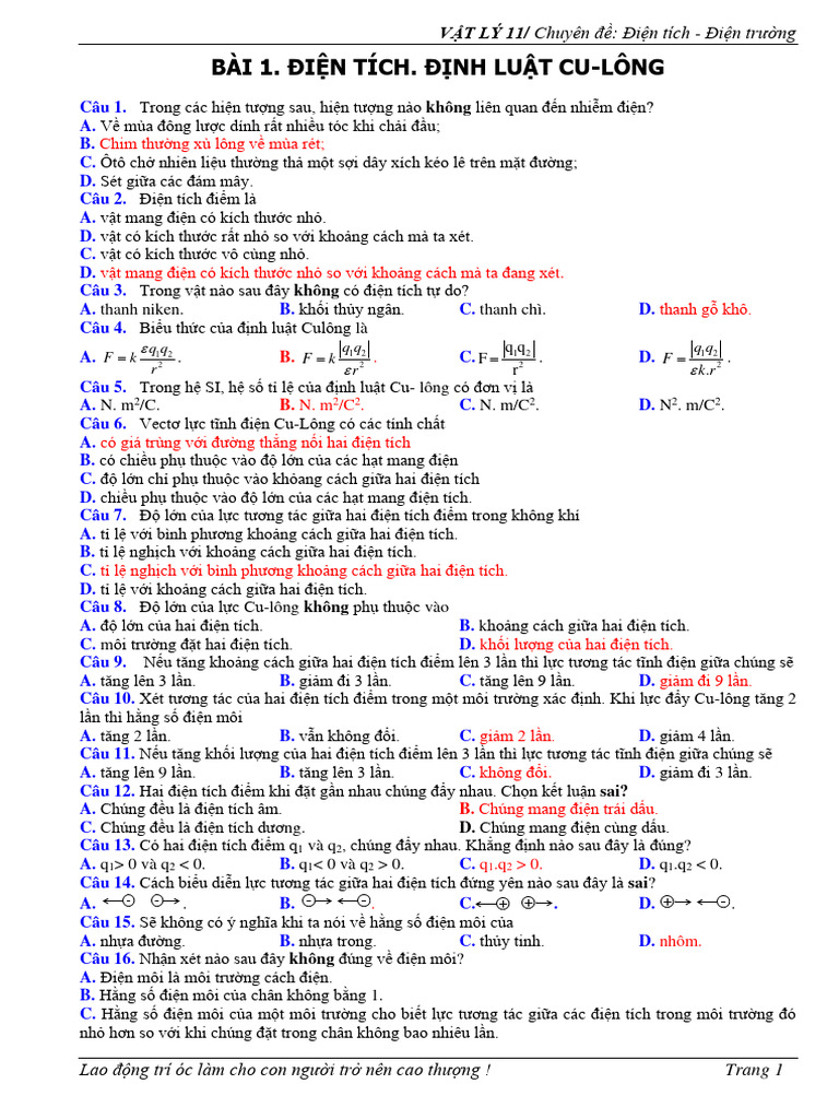 Bai Tap Trac Nghiem Chuyen de Dien Tich Dien Truong Co Dap an Hoang Su Dieu | PDF