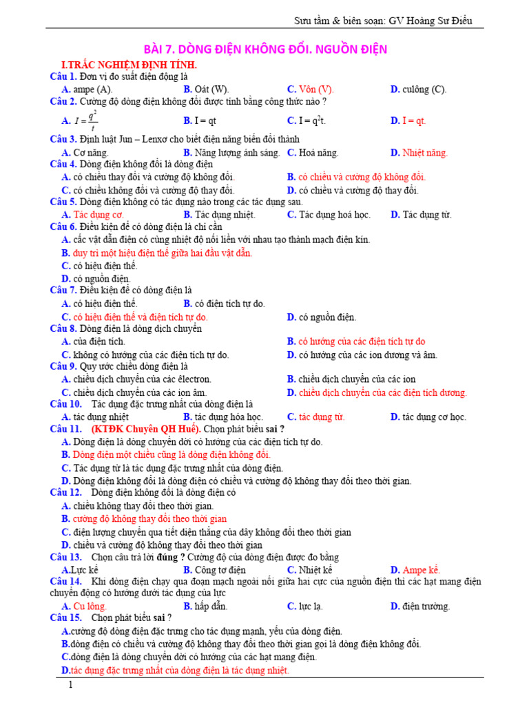 Bai Tap Trac Nghiem Chuyen de Dong Dien Khong Doi Co Dap an Hoang Su Dieu | PDF