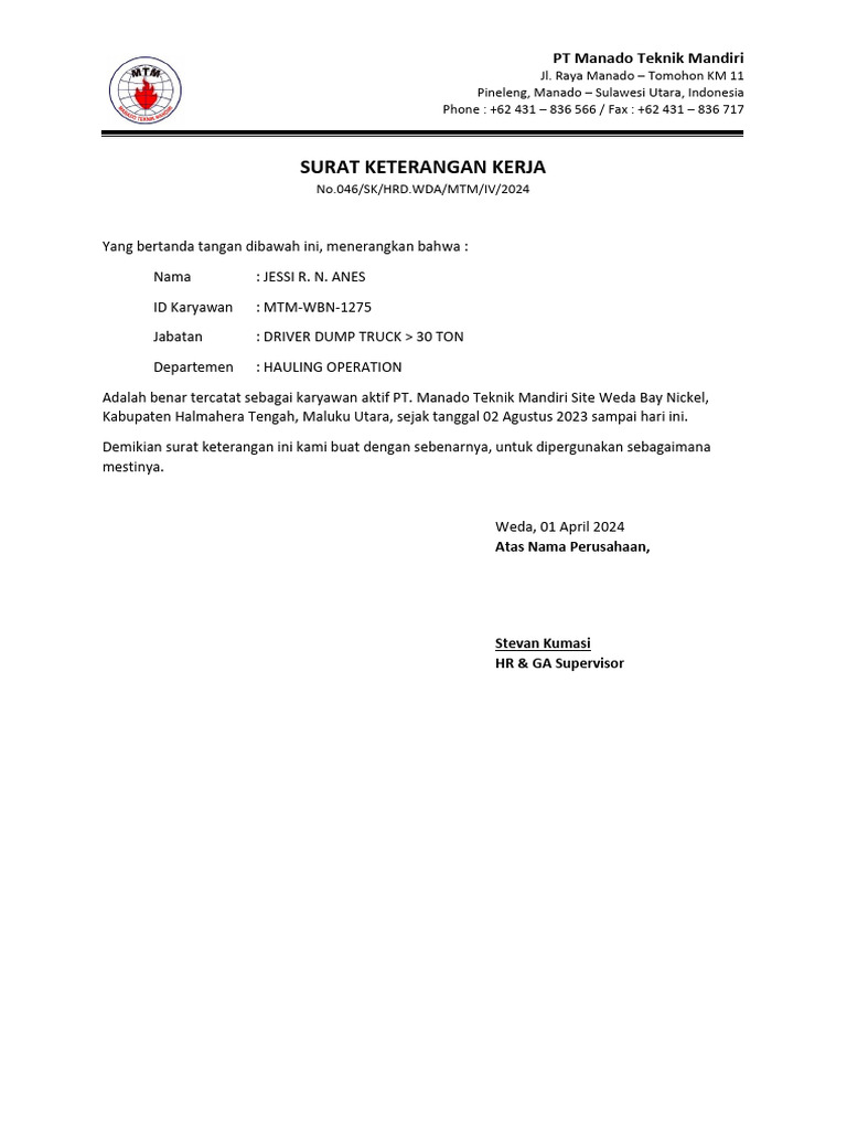 Surat Keterangan Kerja Pt. Manado Teknik Mandiri | PDF