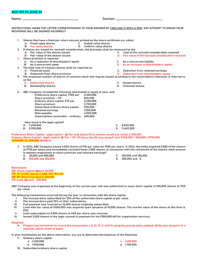 Acc-109 2S2324 P1-Quiz-1 Ak | PDF | Capital Surplus | Treasury Stock