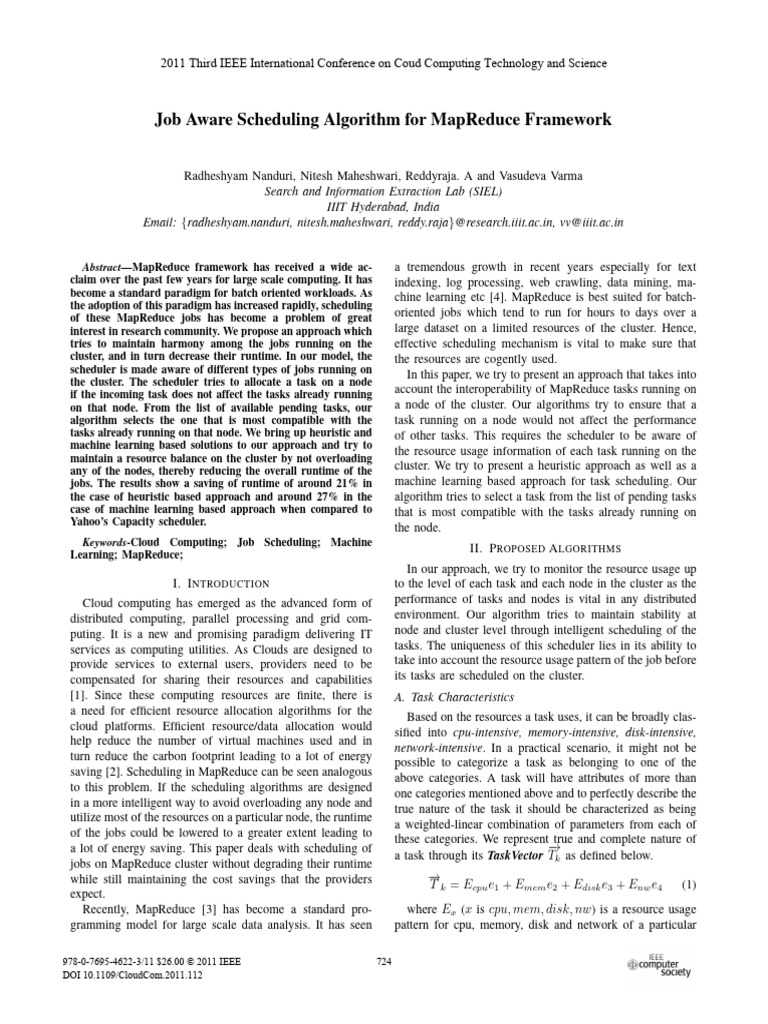 Job Aware Scheduling Algorithm For MapReduce Framework | Download Free PDF | Map Reduce ...