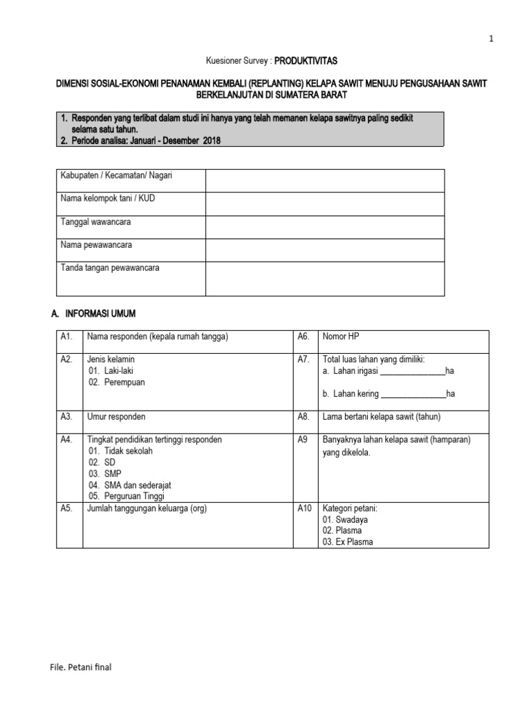 Kuesioner Produktuvitas Sawit 2019 - Final | PDF