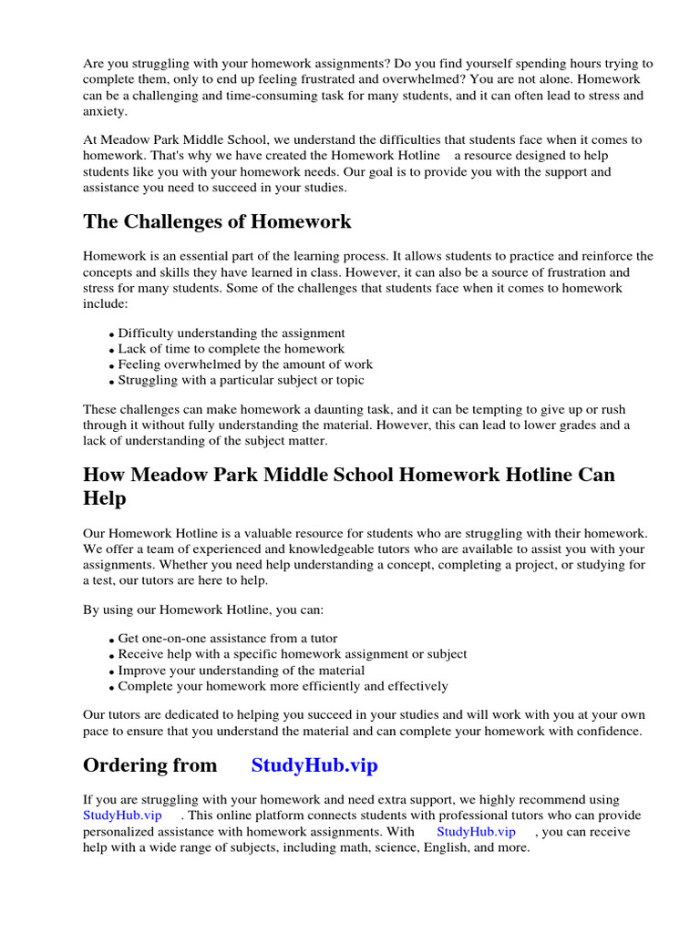 Meadow Park Middle School Homework Hotline | PDF | Homework
