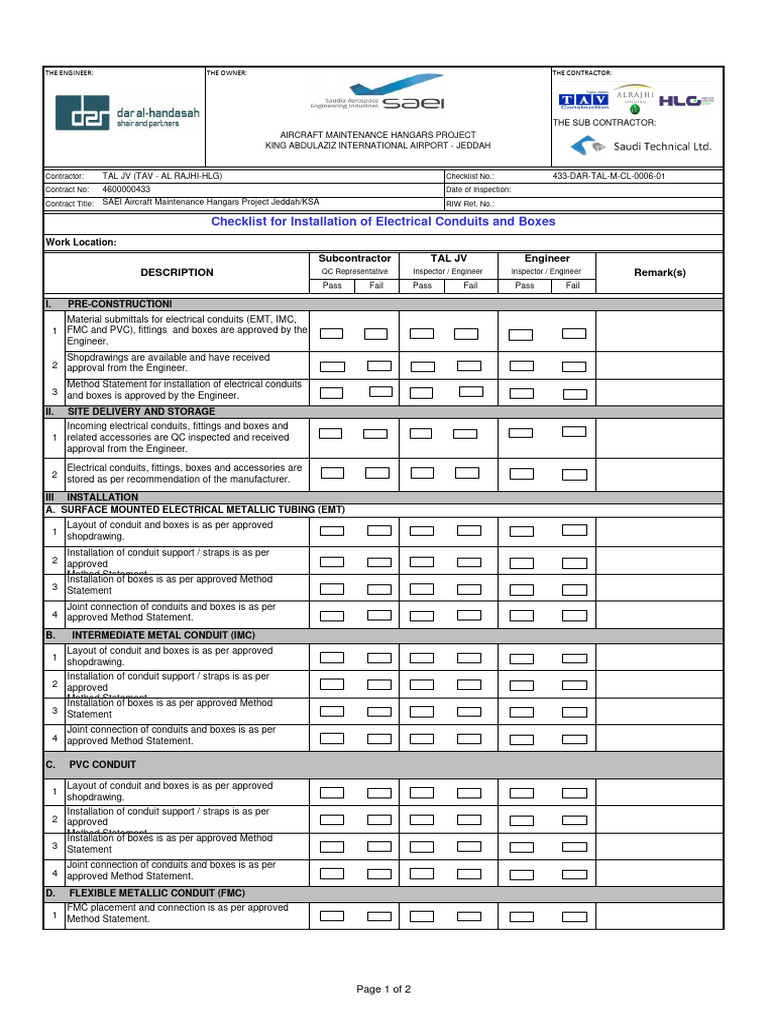 E-0054 -Check List - Installation of EMT conduit | PDF | Wire | Equipment