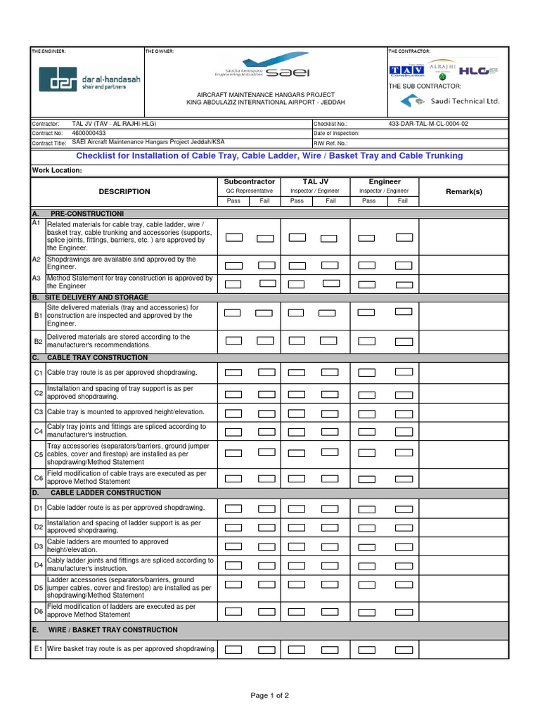 E-0036-Check List - Installation of Cable Tray | PDF | Chess Theory | Chess