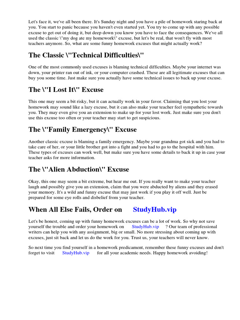 Funny Homework Excuses | PDF | Homework | Knowledge