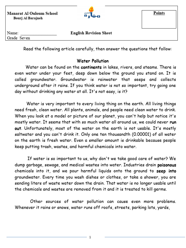 Revision Sheet Water Pollution-1 | PDF | Water | Water Pollution