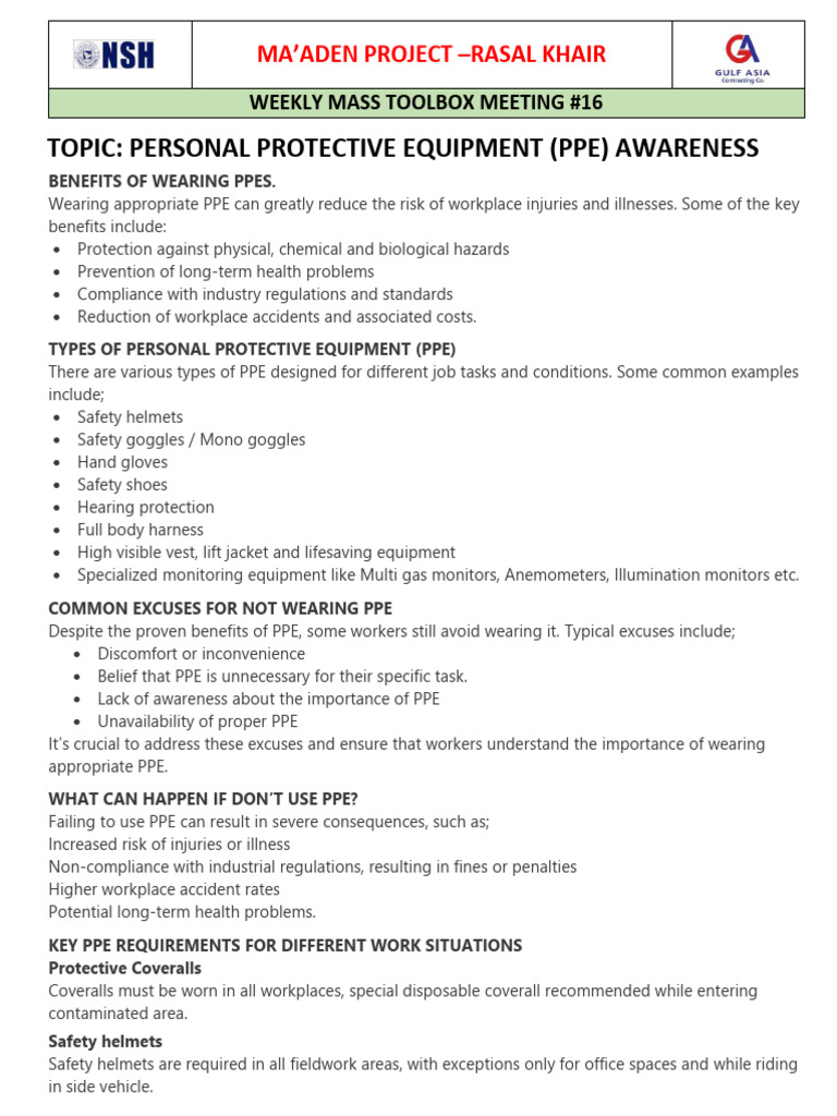 TBT # 16 - Personal Protective Equipment (Ppe) Awareness | PDF ...