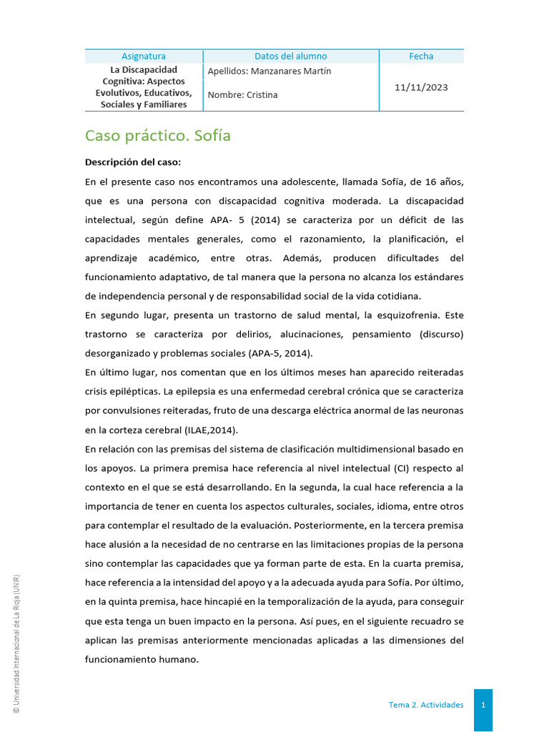 Actividad 1_ Caso práctico_Sofía | PDF | Esquizofrenia | Invalidez