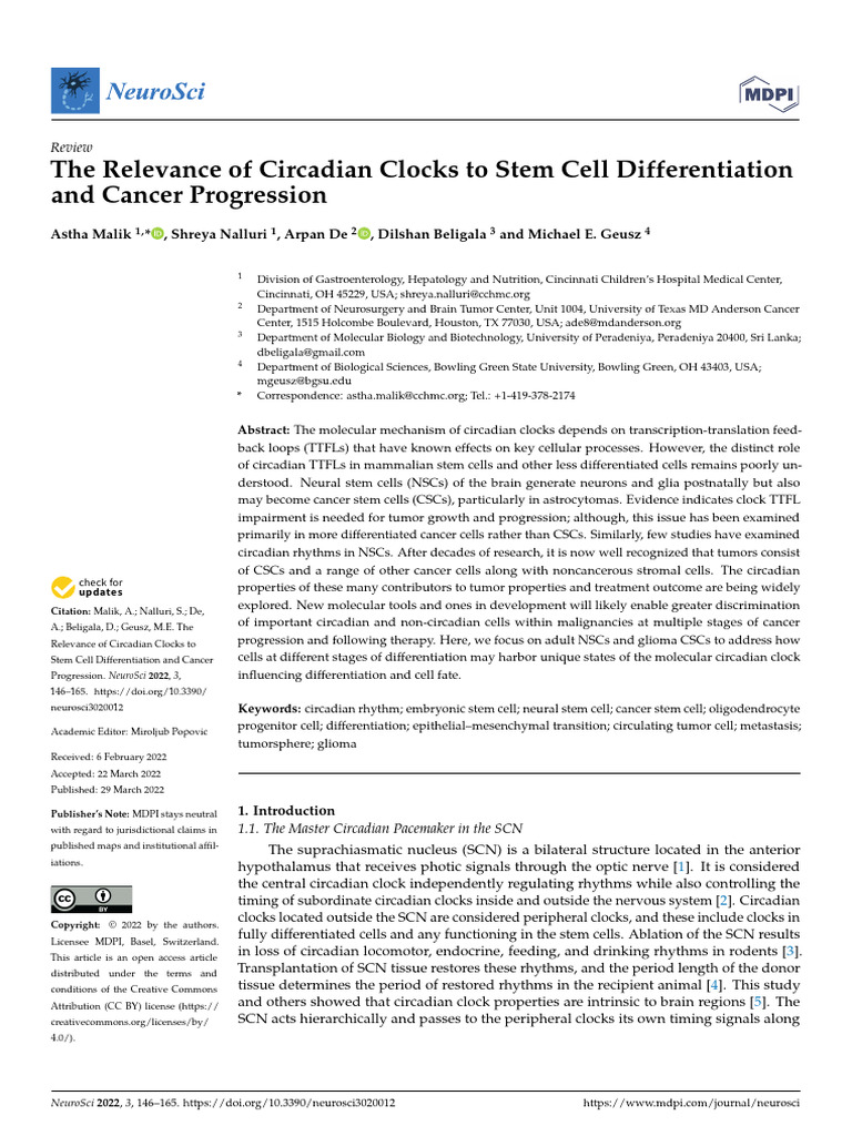 The Relevance of Circadian Clocks To Stem Cell Differentiation and ...