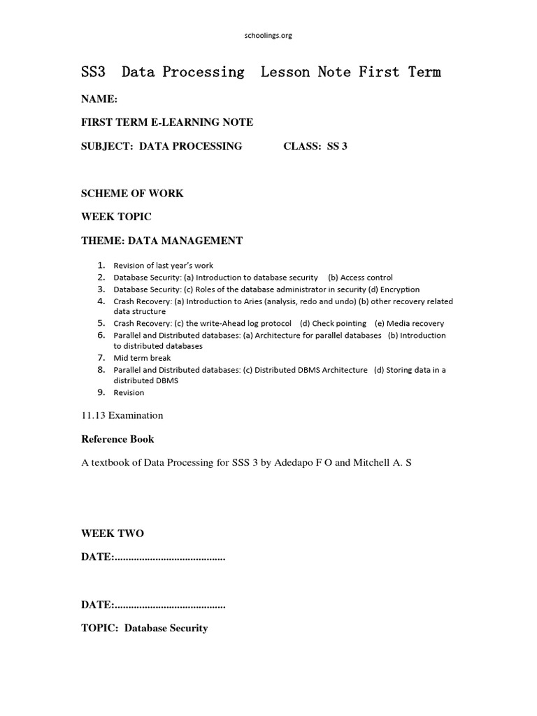 SS3 Data Processing Lesson Note First Term | PDF | Databases | Information Retrieval