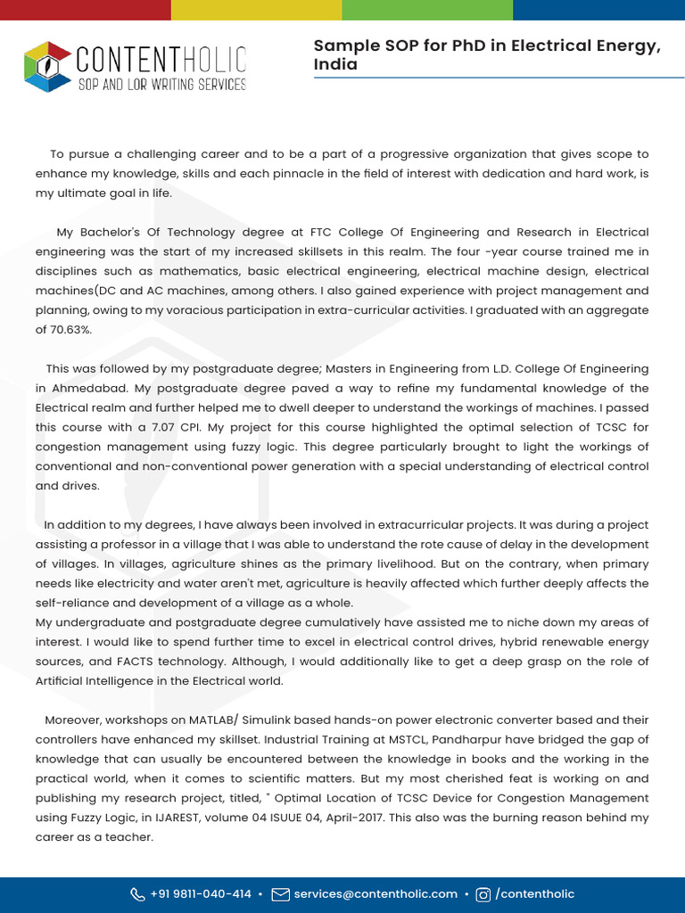 Sample SOP For PHD in Electrical Energy India | PDF | Wind Power ...