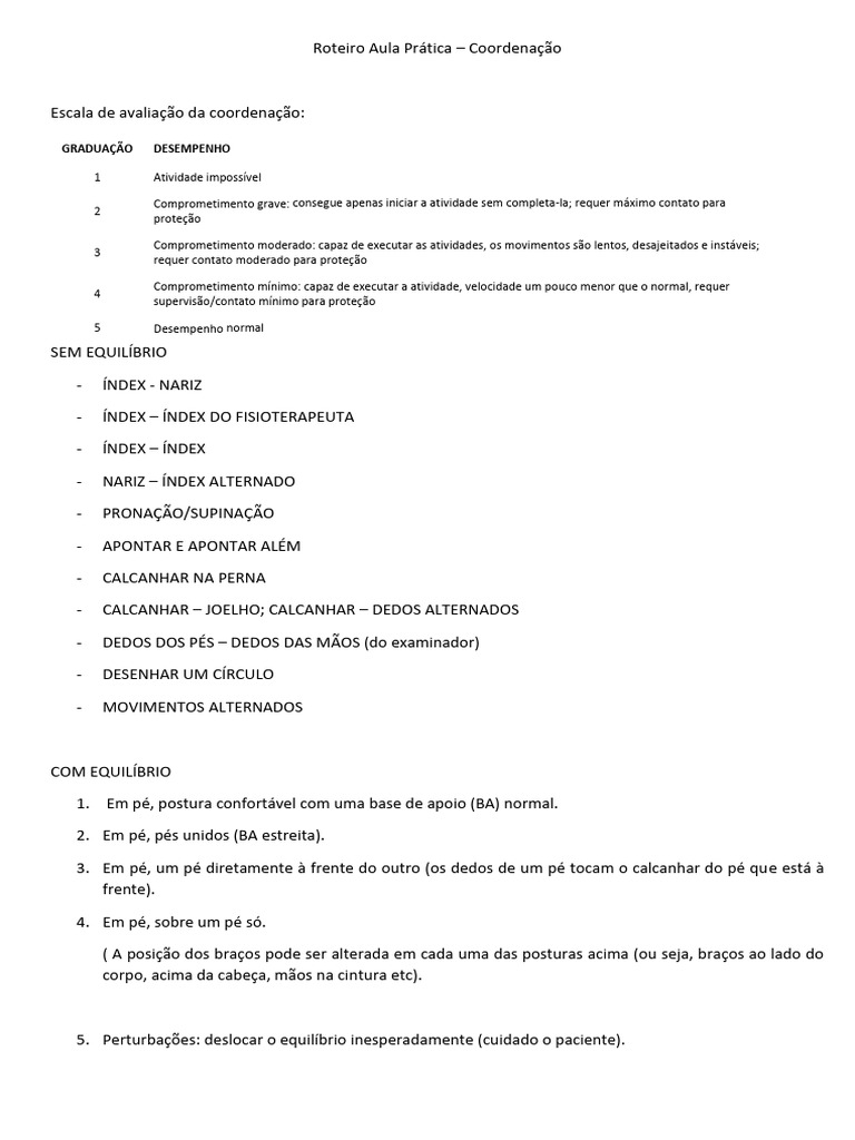 Roteiro Coordenacao e Equilibrio | PDF | Membros (anatomia) | Anatomia humana