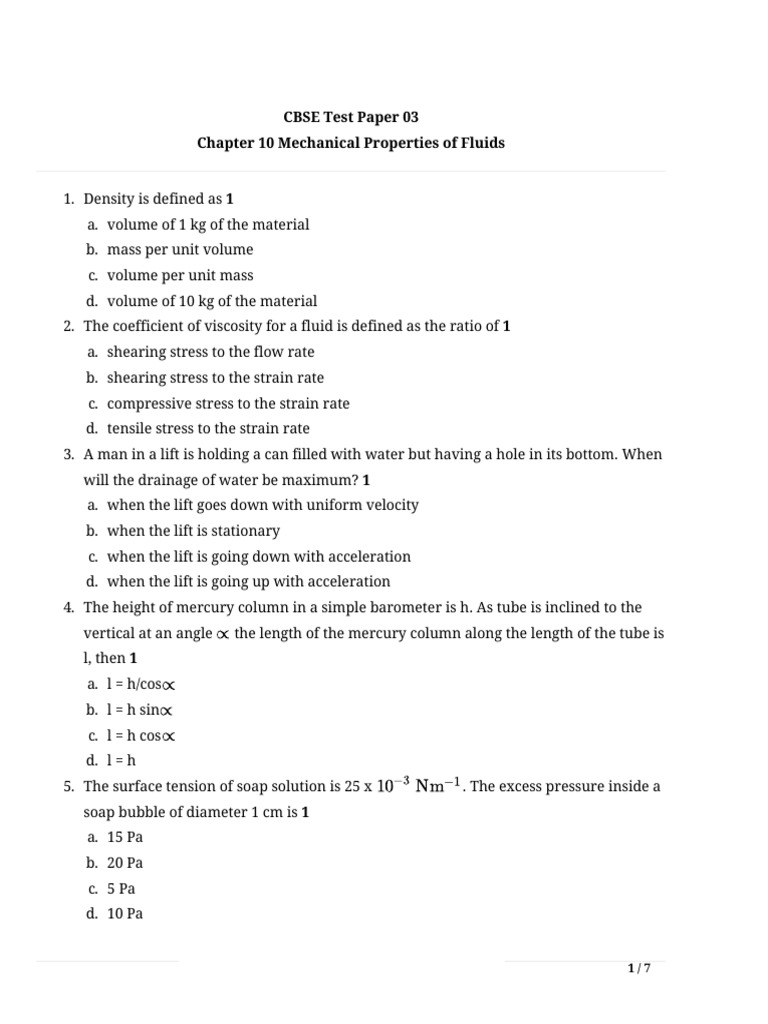 Practice Fluids - 3 | PDF | Pressure | Lift (Force)