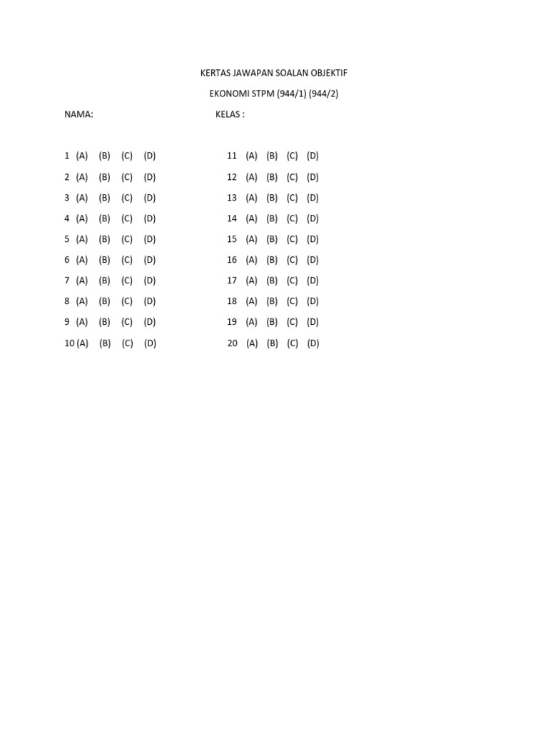 Kertas Omr Jawapan Soalan Objektif | PDF