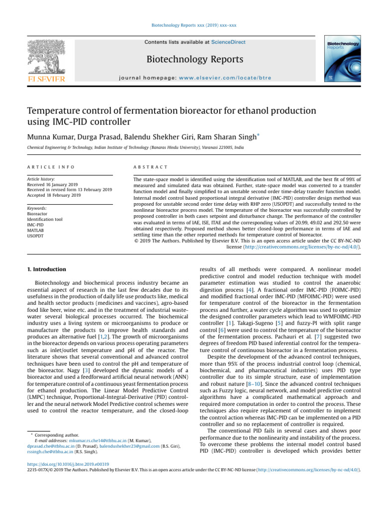 Temperature Control Of Fermentation Bioreactor For Ethanol Production Using Imcpid