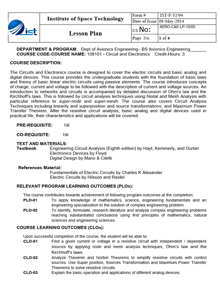 Lesson Plan CCT & ELEC | PDF | Electrical Network | Network Analysis ...