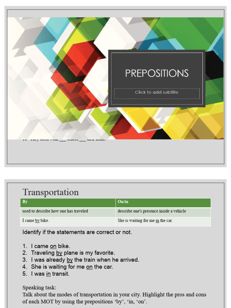 Prepositions | PDF | Transport
