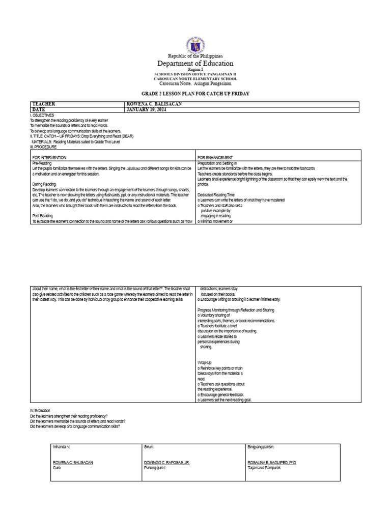 Catch Up Lesson Plan | PDF | Learning | Teachers