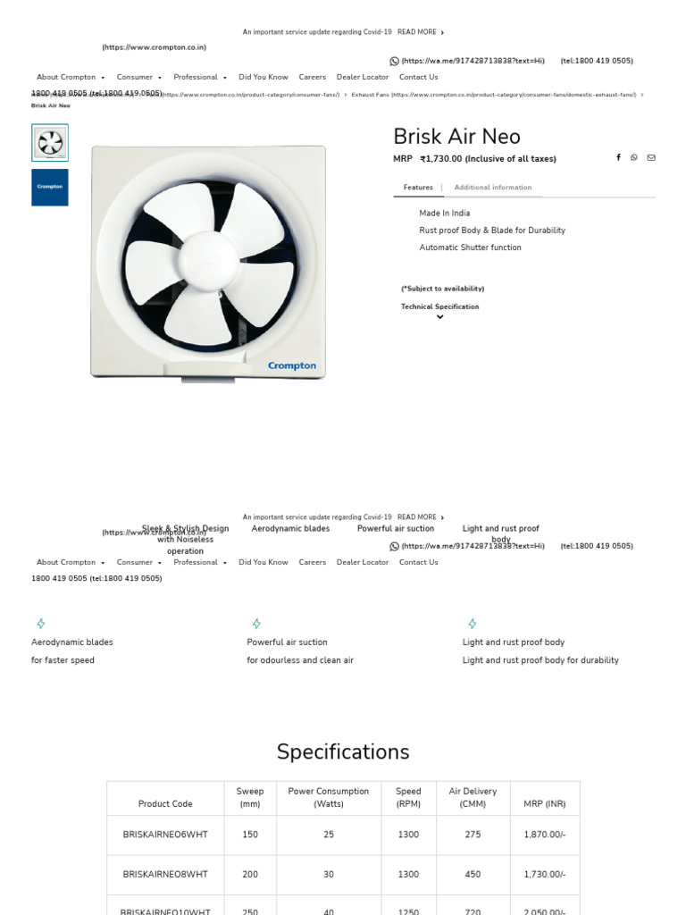 Buy Brisk Air Domestic Exhaust Fans Online in India - Crompton | PDF