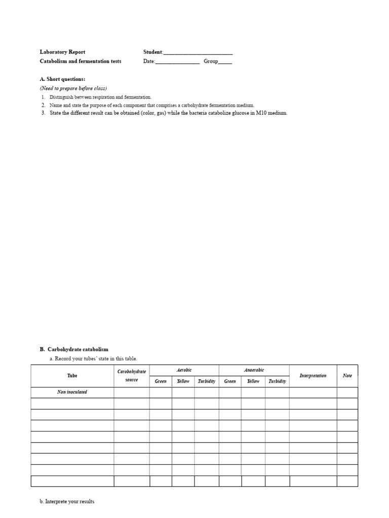 Catabolism and Fermentation Lab Report | PDF
